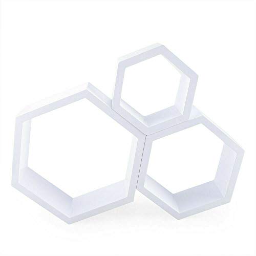LOYALHEARTDY White Hexagon Floating Shelves 3Pcs Wall Mounted Shelf Wood Farmhouse Storage Honeycomb Wall Shelf