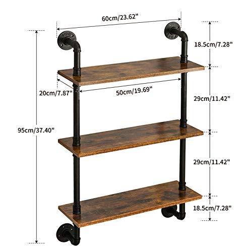 IBUYKE Pipe Floating Shelves,37.5" Industrial Pipe Shelves,3-Tier Rustic Wall Mount Bookcase,Metal Bracket Storage Wall Shelf for Bedroom, Kitchen, Living Room, Bathroom GL-TM003