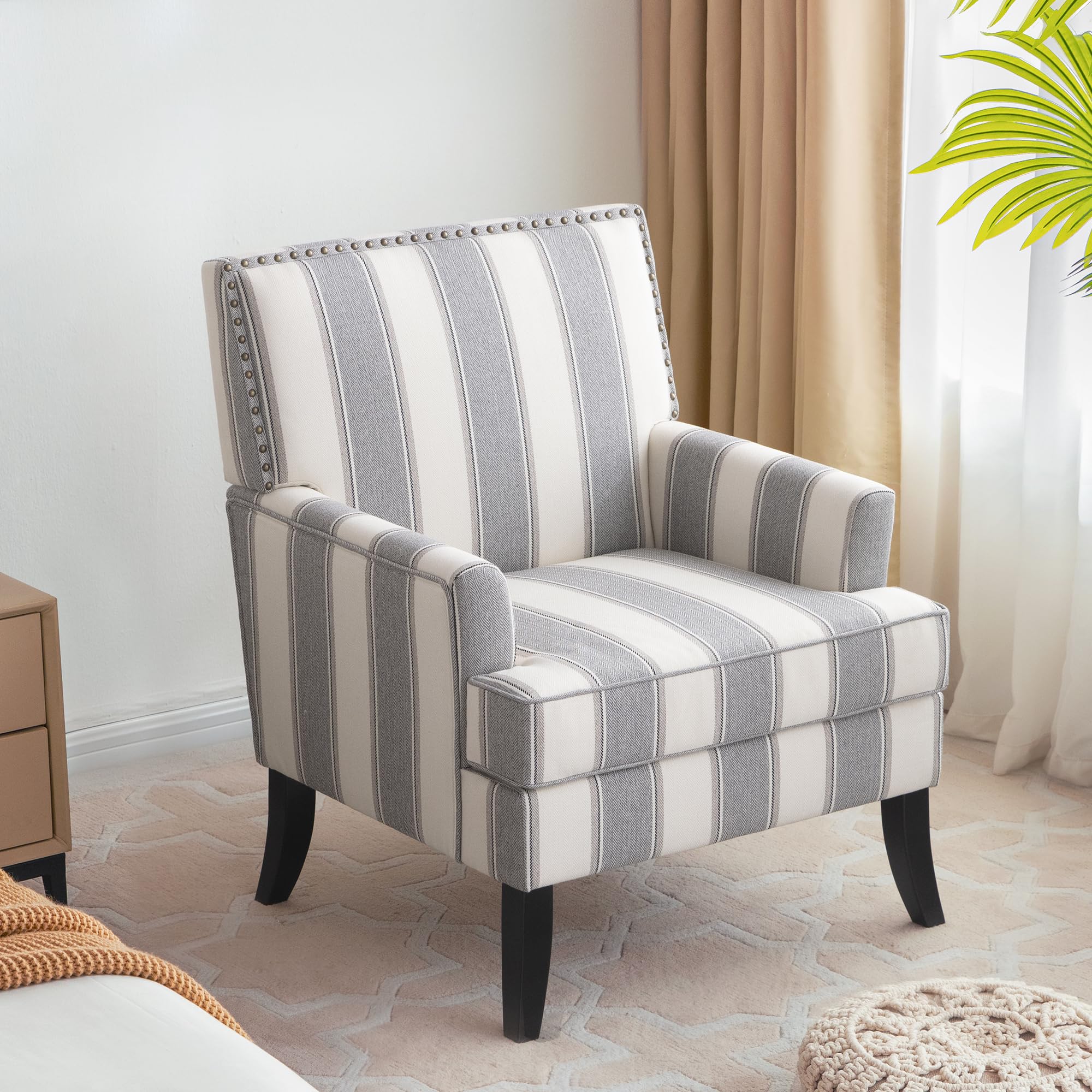 HUIMO Printed Accent Chair Upholstered Linen Fabric Living Room Chair with Rivet Comfy Armchair with Hold up to 300lb Capacity Reading Sofa Chair for Bedroom, Study (1, Wide Stripe Grey)