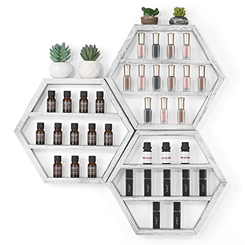 Essential Oils Storage Shelf Wall Mounted Rustic Nail Polish Rack Organizer Wood Farmhouse Hexagonal Floating Shelves for Bathroom Bedroom Living Room Office, Rustic White