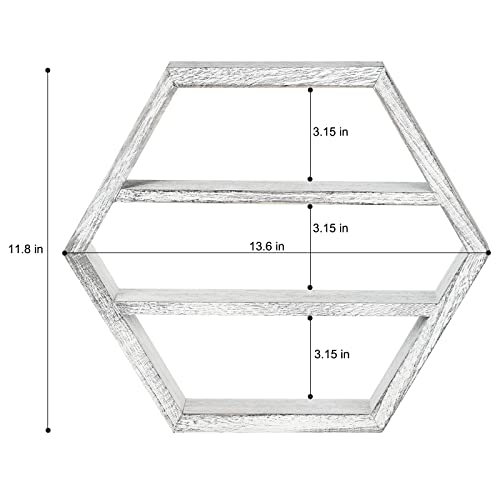 Essential Oils Storage Shelf Wall Mounted Rustic Nail Polish Rack Organizer Wood Farmhouse Hexagonal Floating Shelves for Bathroom Bedroom Living Room Office, Rustic White