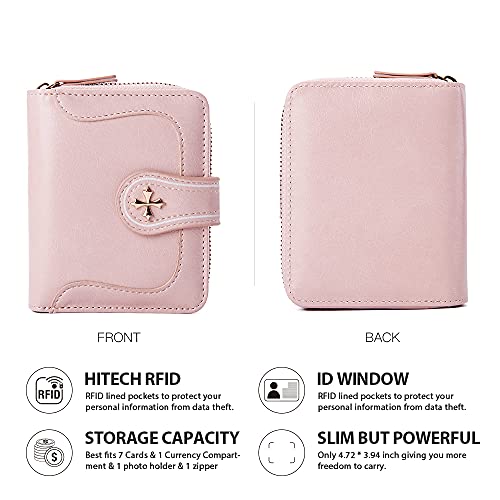 ZLON Small Wallets for Women RFID Blocking Genuine Leather Women Wallet with ID Window (Pink), 12cm3cm10cm (Q387)