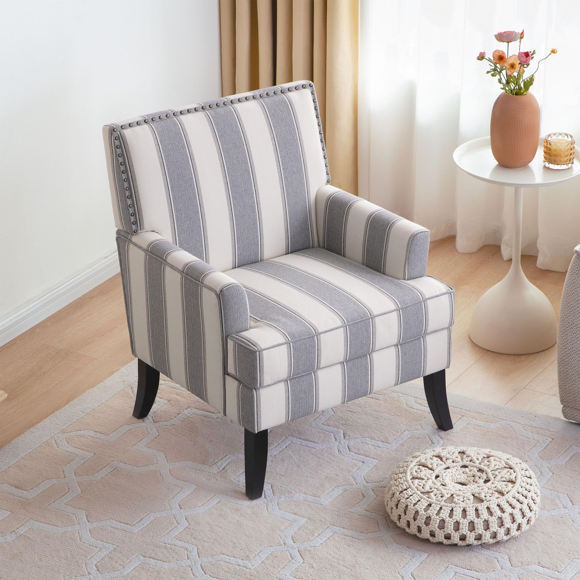 HUIMO Printed Accent Chair Upholstered Linen Fabric Living Room Chair with Rivet Comfy Armchair with Hold up to 300lb Capacity Reading Sofa Chair for Bedroom, Study (1, Wide Stripe Grey)