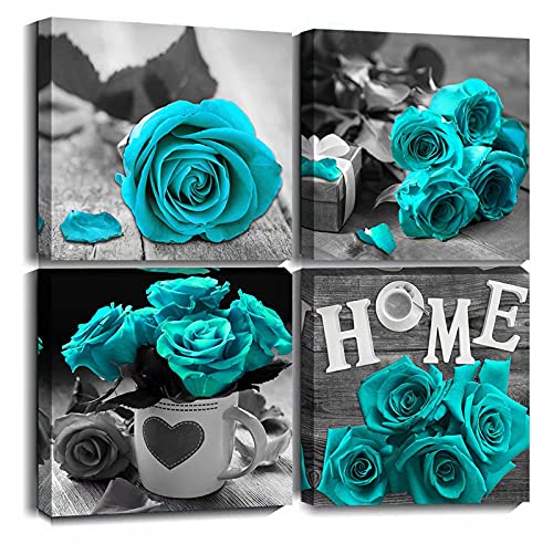 Byllyaz Teal Rose Wall Art Canvas Blue 4 Pieces for Living Room Decor Contemporary Turquoise Blossom Flowers Prints Pictures Artwork Kitchen Office Wall Decor Ready to Hang 16x16