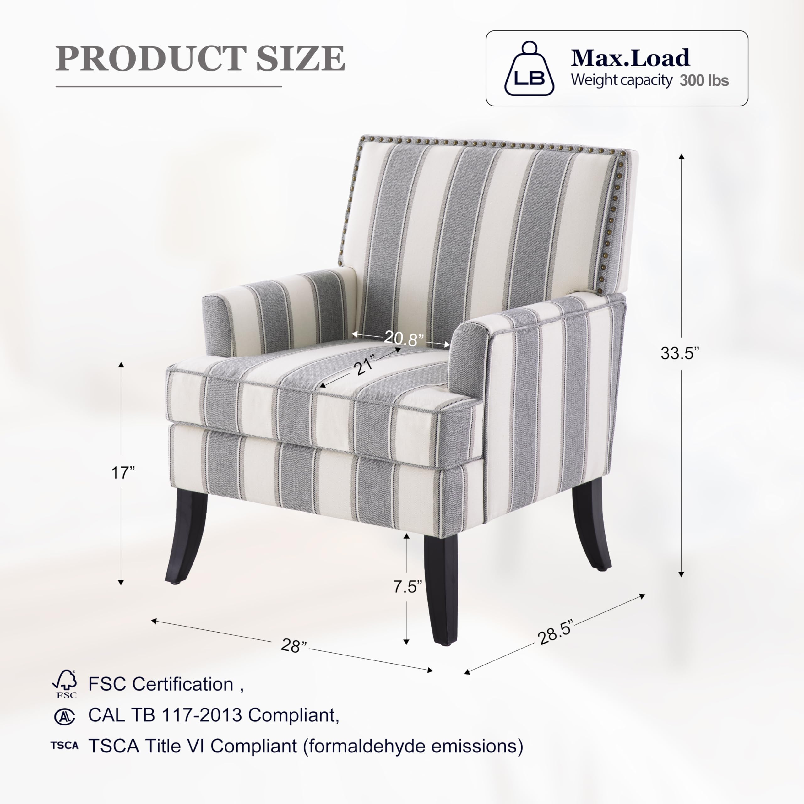 HUIMO Printed Accent Chair Upholstered Linen Fabric Living Room Chair with Rivet Comfy Armchair with Hold up to 300lb Capacity Reading Sofa Chair for Bedroom, Study (1, Wide Stripe Grey)