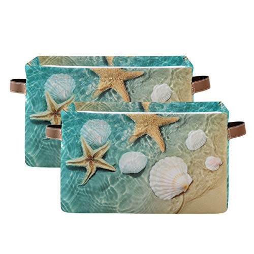 Storage Basket Sea Beach Starfish Seashell Rectangle Foldable with Leather Handle Nursery Storage Bins Boxes Cube Organizer for Children Toys Books Clothes Home Bedroom