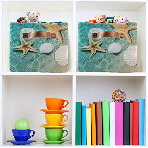 Storage Basket Sea Beach Starfish Seashell Rectangle Foldable with Leather Handle Nursery Storage Bins Boxes Cube Organizer for Children Toys Books Clothes Home Bedroom