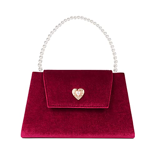Mulian LilY Women Velvet Clutch Purse Pearl Top Handle Handbag Classic Wedding Party Prom Evening Bag Burg M528