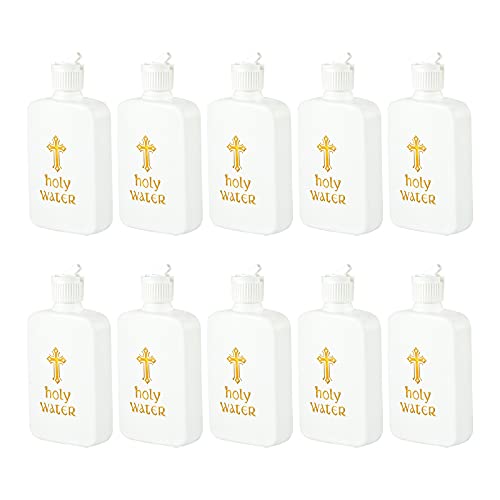 IUASZZ 10 Pieces Holy Water Bottles White with Gold Blocking Logo Religious Easter Plastic Bottle for Home Kitchen Party Decorative Accessories 3.4oz