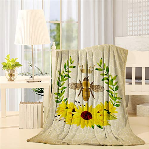 Bee Throw Blanket 50" x 60", Lightweight Super Soft Bed Blanket for Bedroom Living Rooms, Cozy Fleece Comfy Microfiber Throw Blankets for Couch Sofa, Hexagonal Pattern Honeycomb Beehive Sunflower