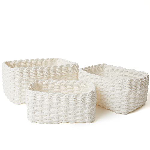 LA JOLIE MUSE Woven Storage Baskets for Organizing, Recycled Paper Rope Basket Bin Divider for Makeup Towel Shelf Cupboards Drawer Closet Dresser, Decorative White Storage Basket Set of 3