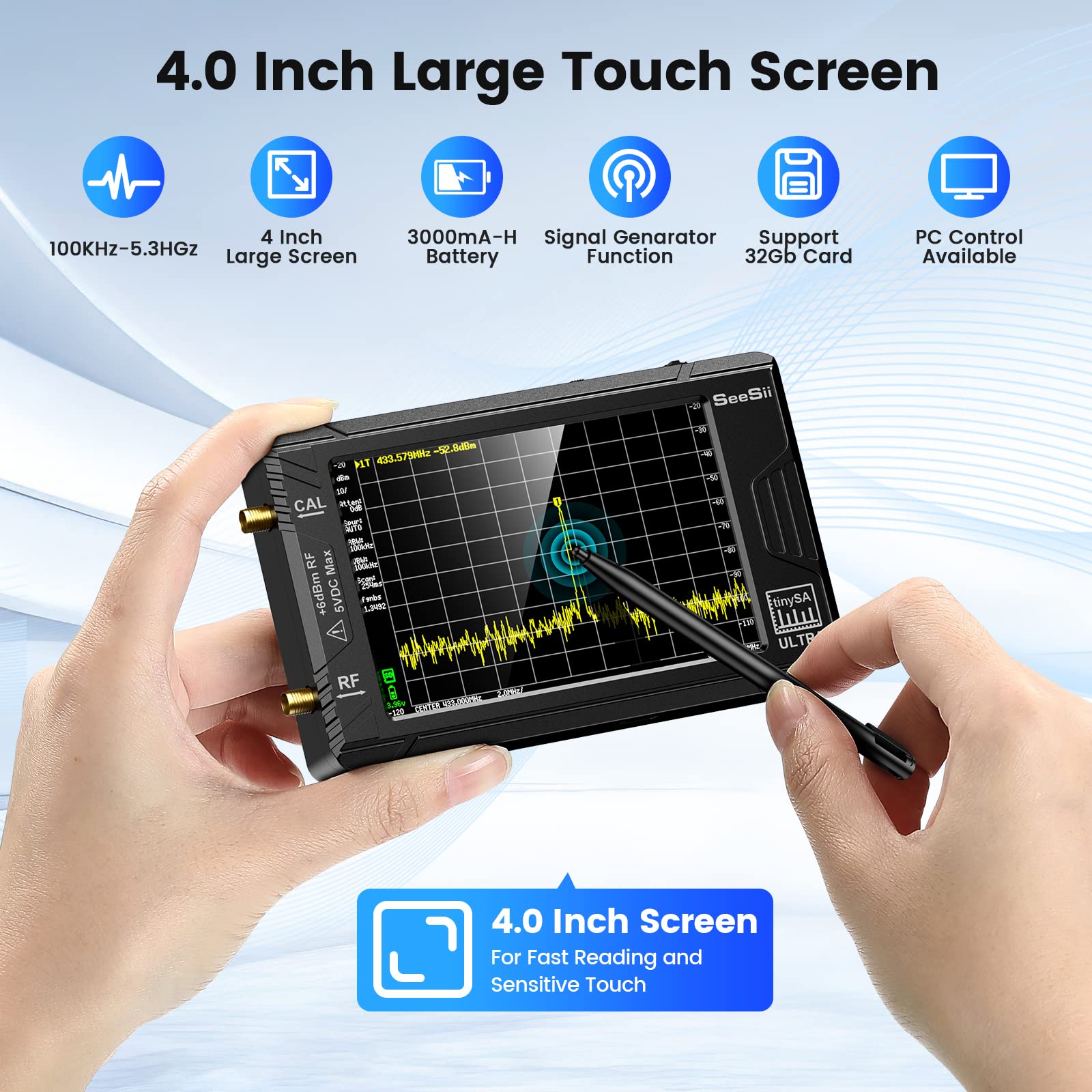 SeeSii TinySA Ultra Spectrum Analyzer, 4.0 Inch 100kHz to 5.3GHz Handheld Tiny Frequency Analyzer with 32Gb Card, 2-in-1 Signal Generator 100kHz to 800MHz MF/HF/VHF UHF Input,V0.4.5.1,2024 Upgraded