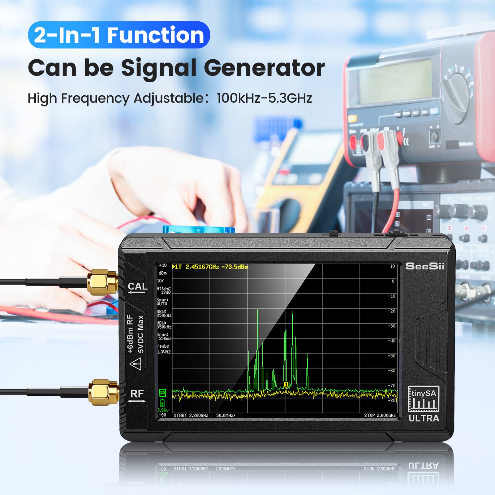 SeeSii TinySA Ultra Spectrum Analyzer, 4.0 Inch 100kHz to 5.3GHz Handheld Tiny Frequency Analyzer with 32Gb Card, 2-in-1 Signal Generator 100kHz to 800MHz MF/HF/VHF UHF Input,V0.4.5.1,2024 Upgraded