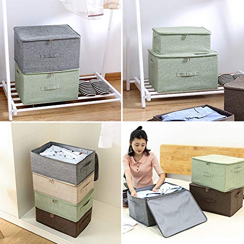 Everfunny Storage Bins with Zipper Lid Storage Boxes with Handles PP Plastic Board Foldable Lidded Cotton Linen Fabric Home Cube Baskets Closet Clothes Toys Organizer Container-Green, Large