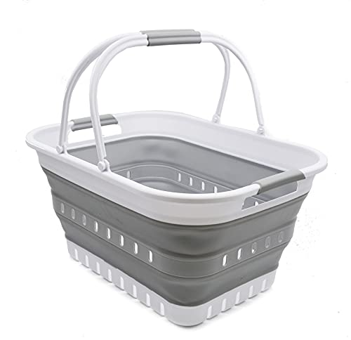 SAMMART 30L (8 Gallon) Collapsible Tub with Handle - Portable Outdoor Picnic Basket/Crater - Foldable Shopping Bag - Space Saving Storage Container (White/Grey, 1)