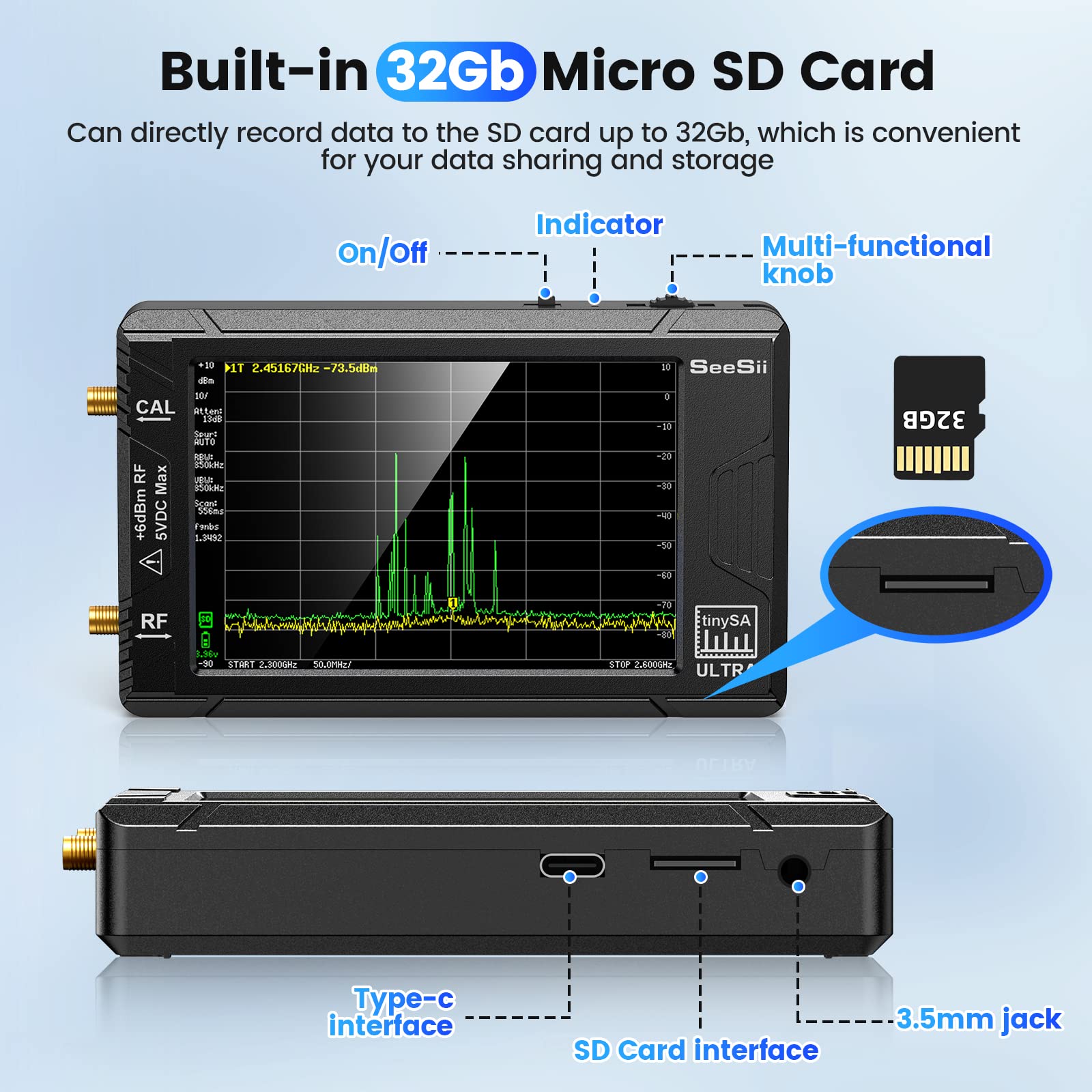 SeeSii TinySA Ultra Spectrum Analyzer, 4.0 Inch 100kHz to 5.3GHz Handheld Tiny Frequency Analyzer with 32Gb Card, 2-in-1 Signal Generator 100kHz to 800MHz MF/HF/VHF UHF Input,V0.4.5.1,2024 Upgraded