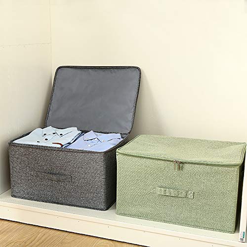 Everfunny Storage Bins with Zipper Lid Storage Boxes with Handles PP Plastic Board Foldable Lidded Cotton Linen Fabric Home Cube Baskets Closet Clothes Toys Organizer Container-Green, Large