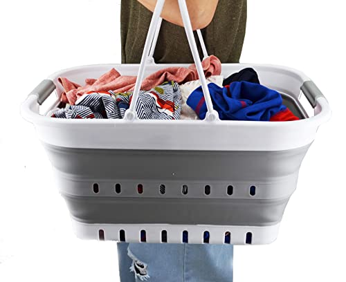 SAMMART 30L (8 Gallon) Collapsible Tub with Handle - Portable Outdoor Picnic Basket/Crater - Foldable Shopping Bag - Space Saving Storage Container (White/Grey, 1)