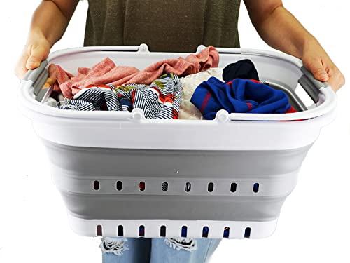 SAMMART 30L (8 Gallon) Collapsible Tub with Handle - Portable Outdoor Picnic Basket/Crater - Foldable Shopping Bag - Space Saving Storage Container (White/Grey, 1)