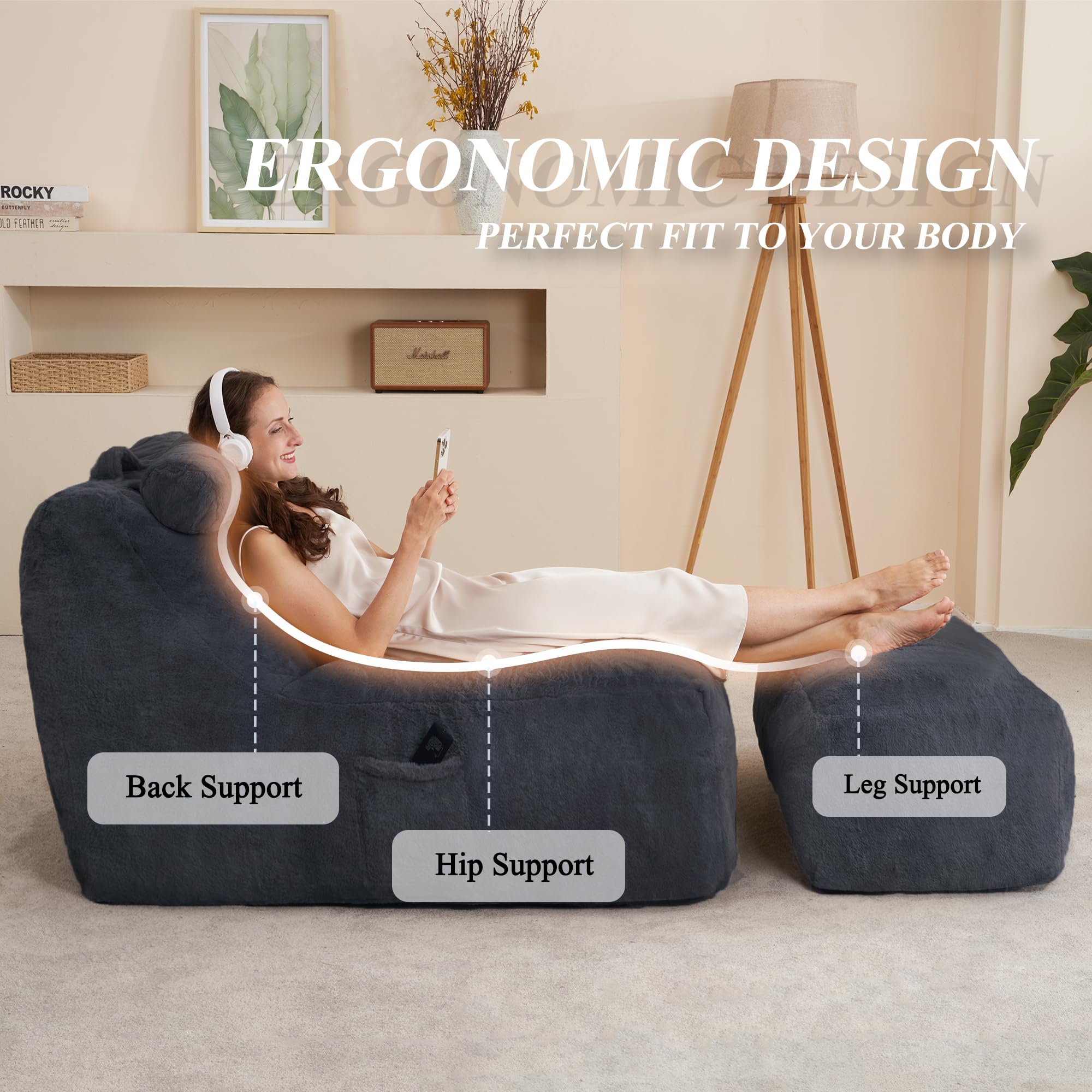 Homguava Bean Bag Chair Large Indoor Beanbag Sofa Lazy Beanbag with Neck Roll&Ottoman Cozy Floor Sofa with Washable Cover&Side Pocket for Bedroom (Dark Grey)