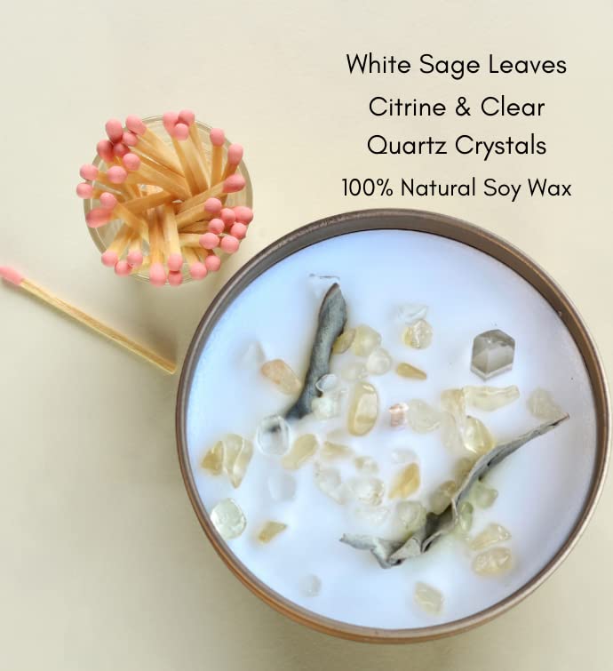 White Sage Smudge Candle with Citrine & Quartz Gemstone Crystals 100% Natural Soy Essential Oils (Sage)