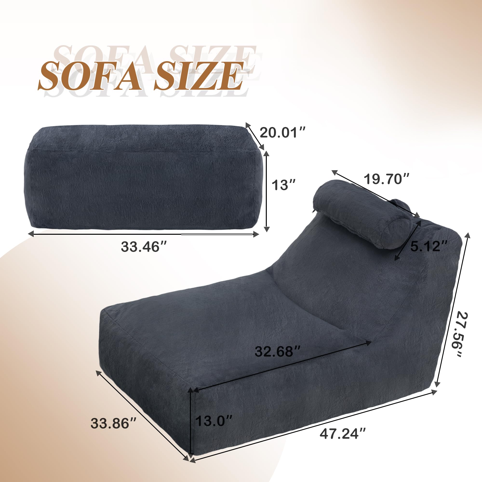 Homguava Bean Bag Chair Large Indoor Beanbag Sofa Lazy Beanbag with Neck Roll&Ottoman Cozy Floor Sofa with Washable Cover&Side Pocket for Bedroom (Dark Grey)