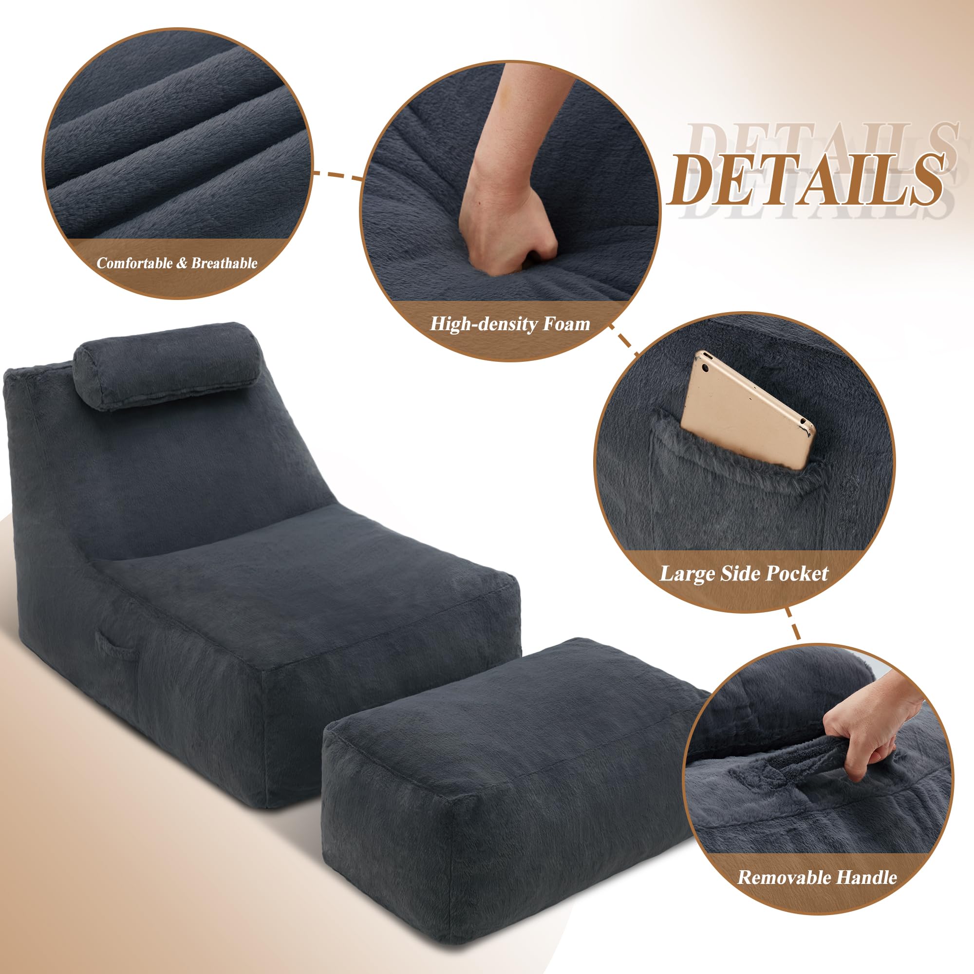 Homguava Bean Bag Chair Large Indoor Beanbag Sofa Lazy Beanbag with Neck Roll&Ottoman Cozy Floor Sofa with Washable Cover&Side Pocket for Bedroom (Dark Grey)