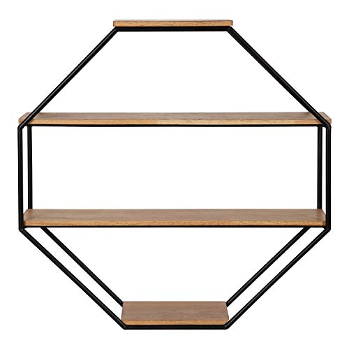 Kate and Laurel Lintz Farmhouse Octagon Wall Shelf, 24 x 24, Rustic Brown and Black, Modern 4-Tier Geometric Shelves for Wall
