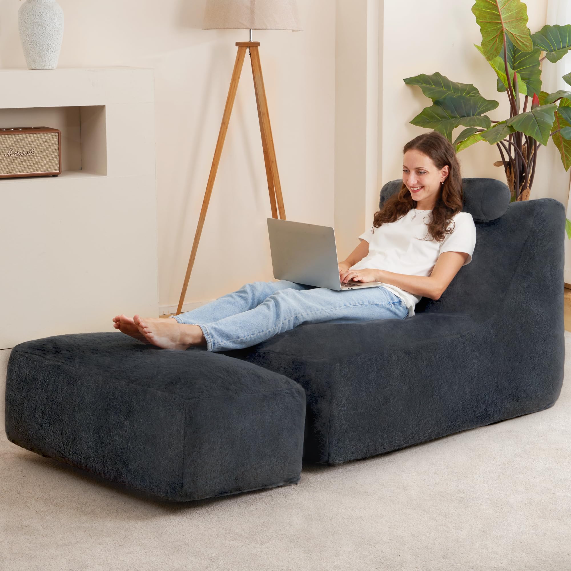 Homguava Bean Bag Chair Large Indoor Beanbag Sofa Lazy Beanbag with Neck Roll&Ottoman Cozy Floor Sofa with Washable Cover&Side Pocket for Bedroom (Dark Grey)