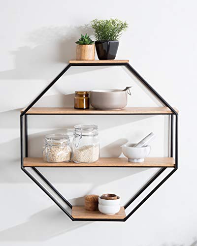 Kate and Laurel Lintz Farmhouse Octagon Wall Shelf, 24 x 24, Rustic Brown and Black, Modern 4-Tier Geometric Shelves for Wall