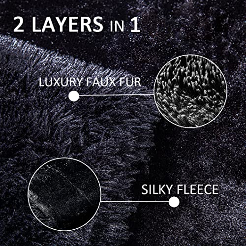 YUSOKI Black Faux Fur Throw Blanket,2 Layers,50" x 60", Soft Fuzzy Fluffy Plush Furry Comfy Warm Cozy Blanket for Couch Bed Chair Sofa Bedroom Mens Gift