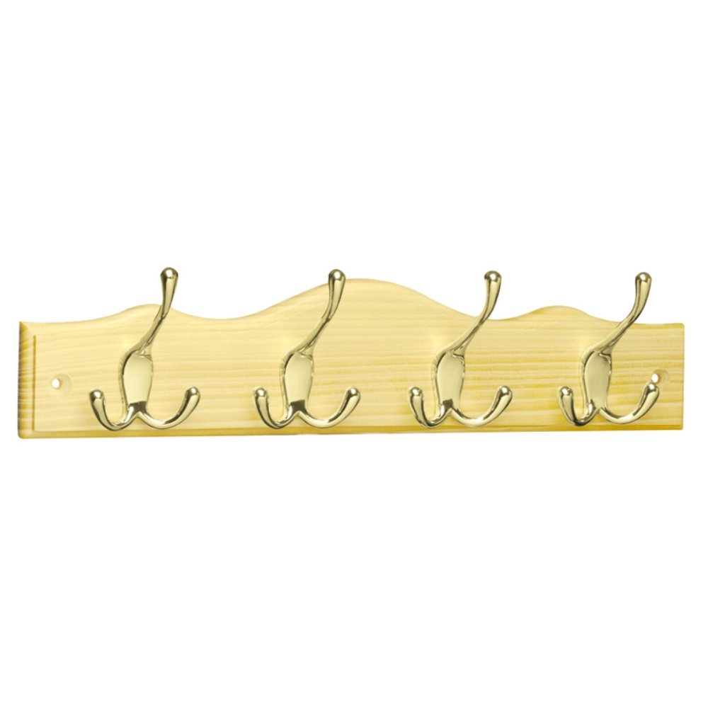 4 Tri-Hook Scalloped Top Rail/Coat Rack, Pine/Brass Plated, Packaging May Vary