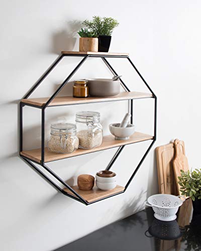 Kate and Laurel Lintz Farmhouse Octagon Wall Shelf, 24 x 24, Rustic Brown and Black, Modern 4-Tier Geometric Shelves for Wall