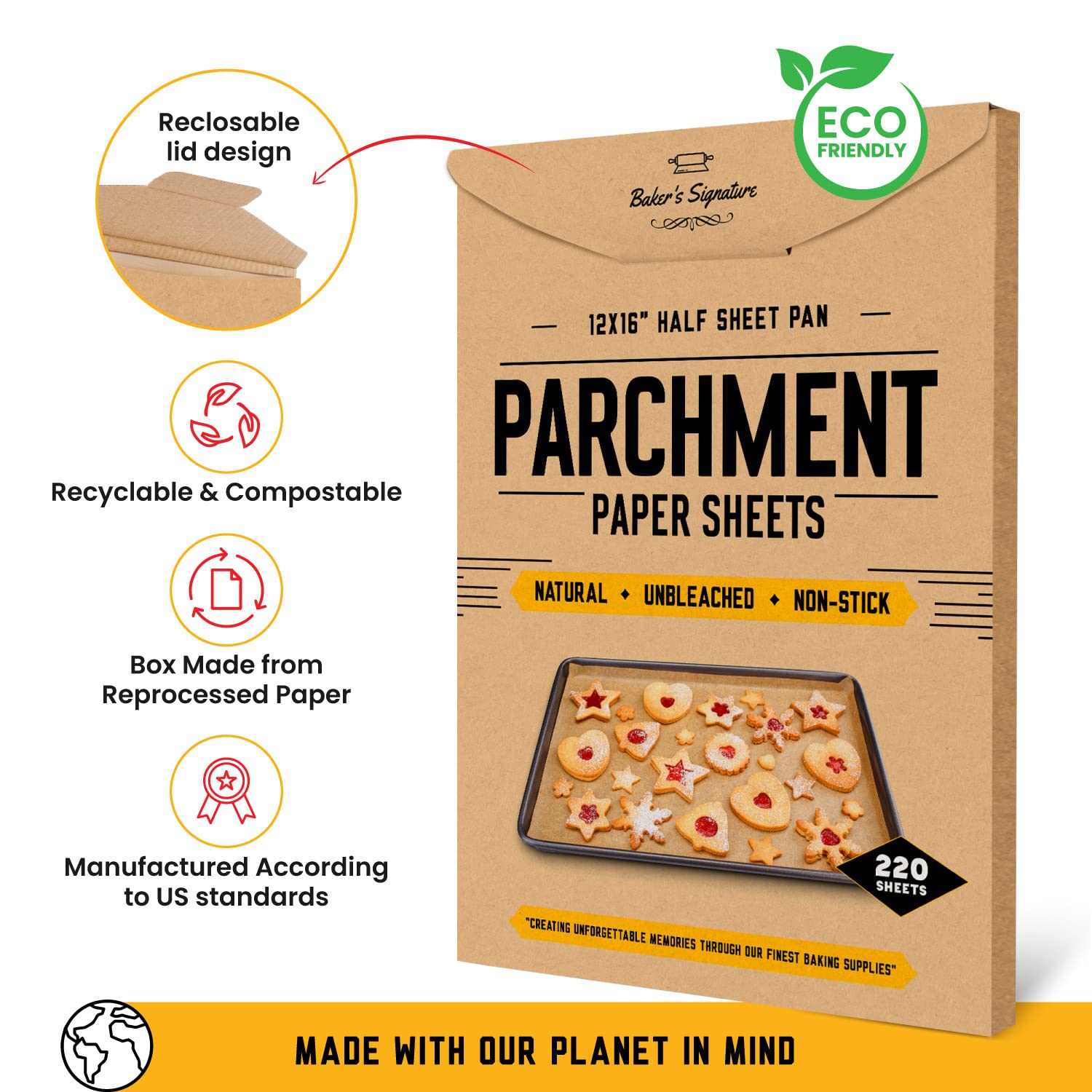 220 PCS Parchment Paper Baking Sheets, 12x16 Inches by Baker's Signature | Precut Non-Stick & Unbleached - Will Not Curl or Burn, Non-Toxic & Comes in Convenient Packaging