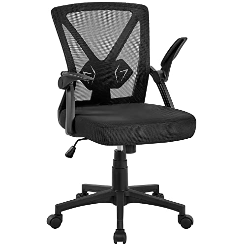 Yaheetech Home Office Chair Work Desk Chair Swivel Computer Mesh Chair with Flip-up Arms Adjustable Height Lumbar Support Executive Office Task Chair for Home Office Students Study, Black