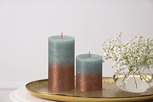 BOLSIUS 4 Pack Eucalyptus Green/Copper Sunset Rustic Metallic Pillar Candles - 2.75 X 3.25 Inches - Natural Eco-Friendly Plant-Based Wax - Unscented Dripless Smokeless 35 Hour Quality European Candles
