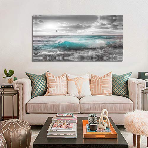 Framed Wall Art Canvas Ocean Decor Beach Theme Bedroom Large Sunset Blue Ocean Waves Seagulls Panels for Interior Bathroom Wall Décor Scenery Bed Dining Room Peel And Stick Decorative 24"x48"