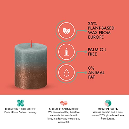 BOLSIUS 4 Pack Eucalyptus Green/Copper Sunset Rustic Metallic Pillar Candles - 2.75 X 3.25 Inches - Natural Eco-Friendly Plant-Based Wax - Unscented Dripless Smokeless 35 Hour Quality European Candles