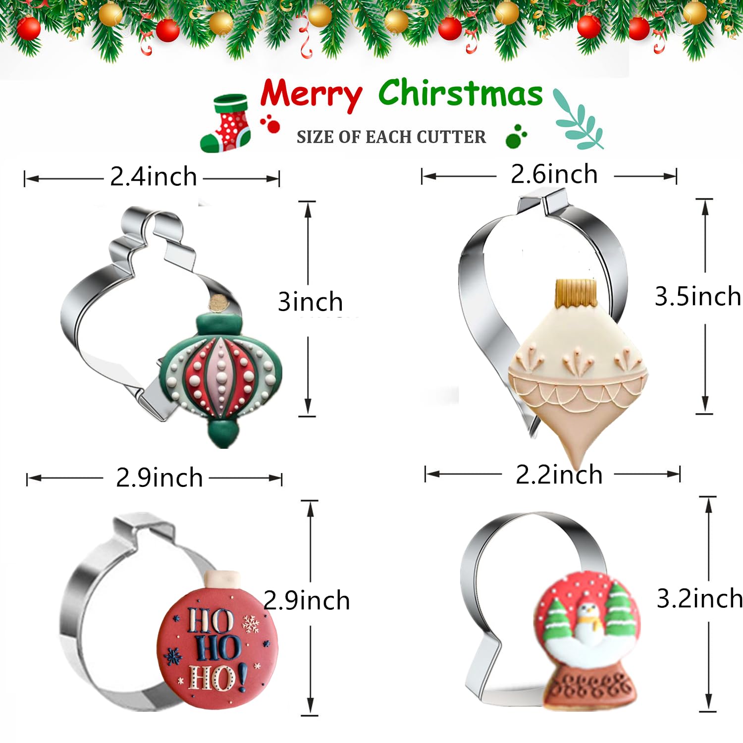 Q-BAKER Christmas Ornaments Cookie Cutters, 4PCS Stainless Steel Snow Globe,Round Ornament,Teardrop Bauble, Finial Shapes with Decorating Instructions