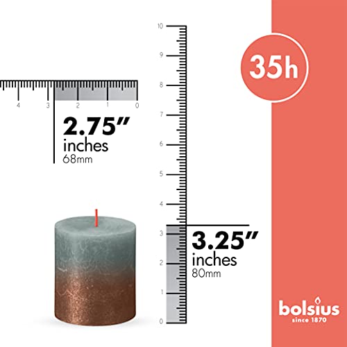 BOLSIUS 4 Pack Eucalyptus Green/Copper Sunset Rustic Metallic Pillar Candles - 2.75 X 3.25 Inches - Natural Eco-Friendly Plant-Based Wax - Unscented Dripless Smokeless 35 Hour Quality European Candles