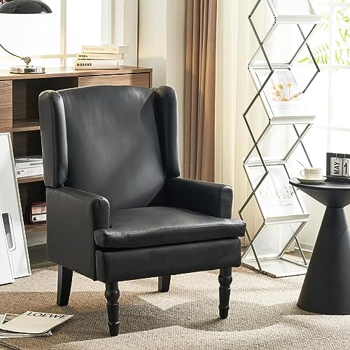 LOVSPATIO Faux Leather Accent Chair, Mid-Century Upholstered Living Room Chairs, Comfy Single Recliner Sofa with Arm and Wood Legs for Bedroom Waiting Room Office - Black