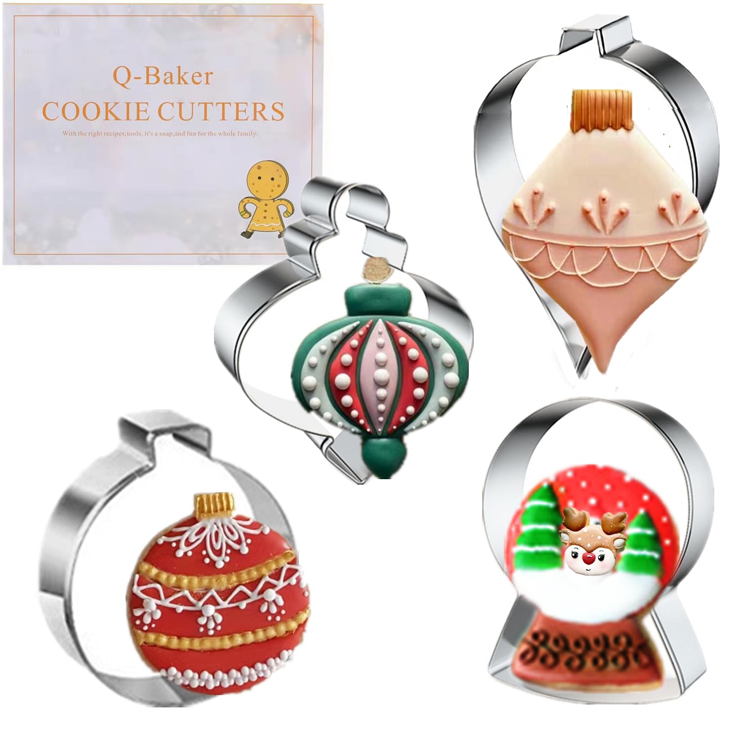 Q-BAKER Christmas Ornaments Cookie Cutters, 4PCS Stainless Steel Snow Globe,Round Ornament,Teardrop Bauble, Finial Shapes with Decorating Instructions