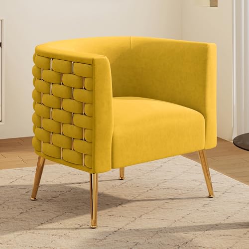 Dewhut Modern Velvet Barrel Accent Chair, Comfy Wide Handmade Woven Bucket Arm Chair, Fluffy Tufted Upholstered Single Sofa Chair for Living Room, Bedroom, Office, Waiting Room(Yellow)