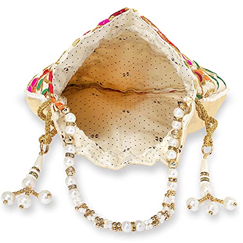 Aheli Ethnic Designer Embroidered Silk Potli Bag Batwa Pearls Handle Clutch Purse for Women (P01) (Multi Floral 4)