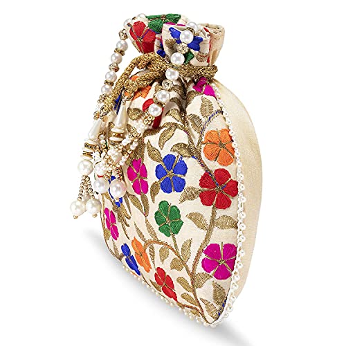 Aheli Ethnic Designer Embroidered Silk Potli Bag Batwa Pearls Handle Clutch Purse for Women (P01) (Multi Floral 4)