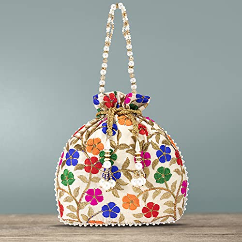 Aheli Ethnic Designer Embroidered Silk Potli Bag Batwa Pearls Handle Clutch Purse for Women (P01) (Multi Floral 4)