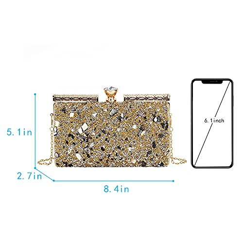 Quniko Chic Rhinestone Box Clutch Bling Evening Wedding Handbags Bridal Purse, Gold