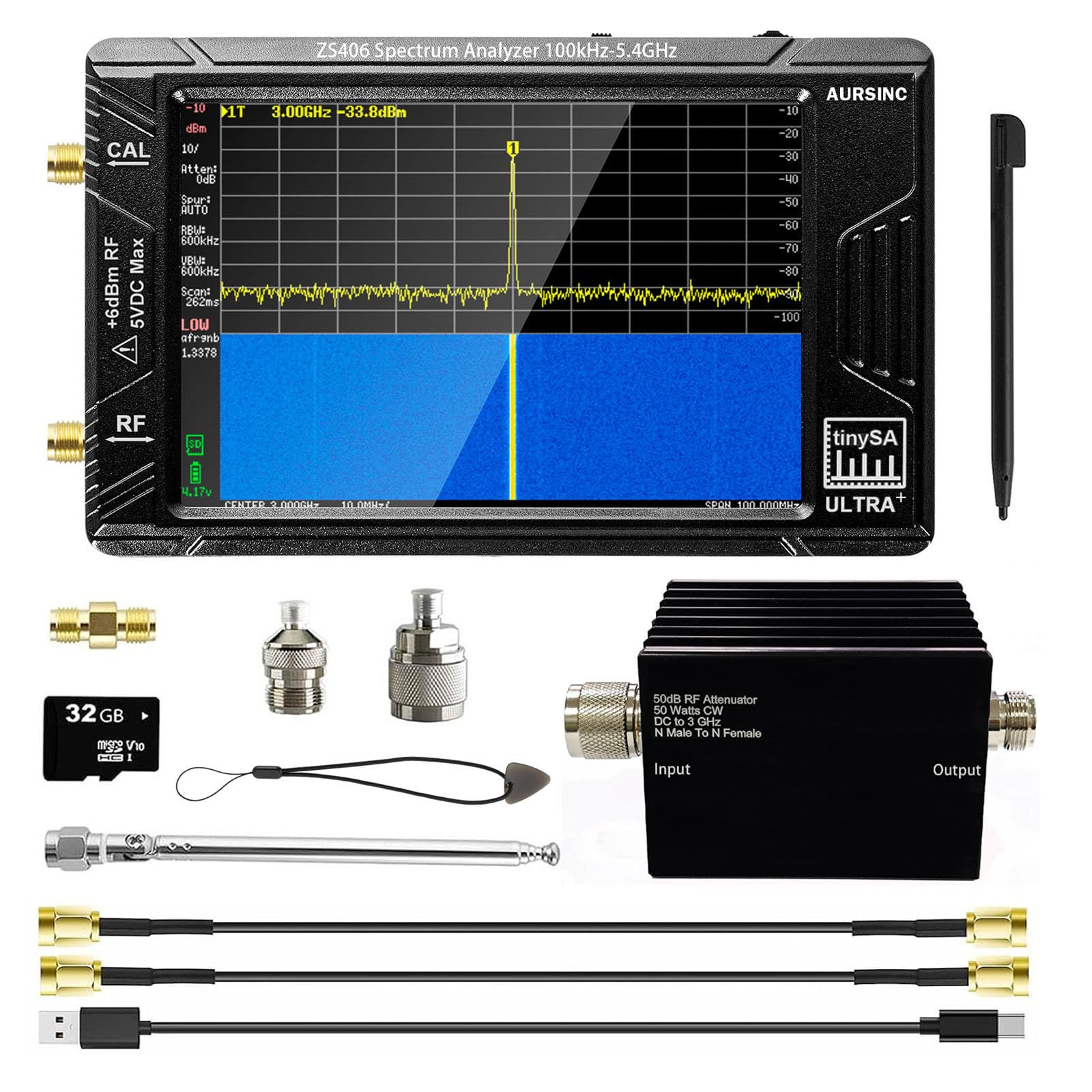 AURSINC TinySA Ultra+ ZS406 Spectrum Analyzer with 50W Attenuator, 2025 4inch 100kHz-5.4GHz V0.4.6 Portable Frequency Analyzer with 32Gb Card,2in1 Signal Generator 100kHz to 900MHz MF/HF/VHF UHF Input