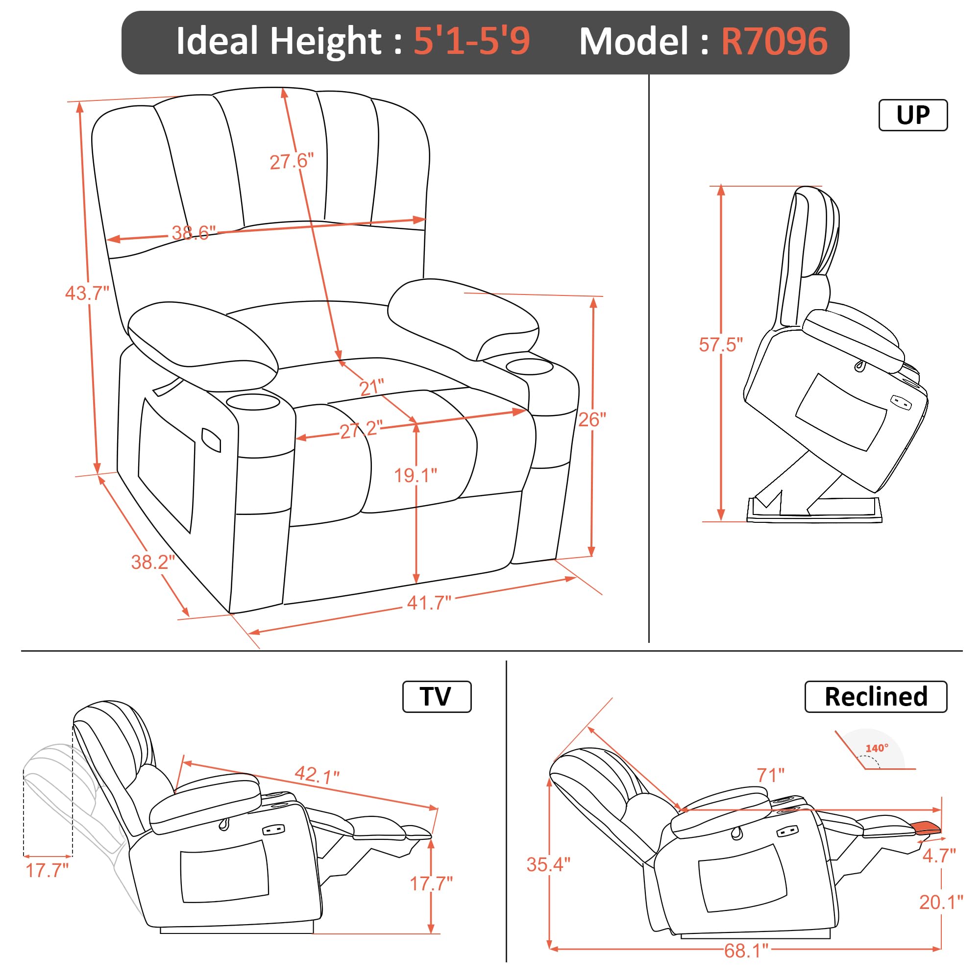 MCombo Power Lift Recliner Chair Sofa with Massage and Heat for Big Elderly People, USB Ports, Side Pockets, Fabric R7096 (Medium-Wide, Navy Blue)