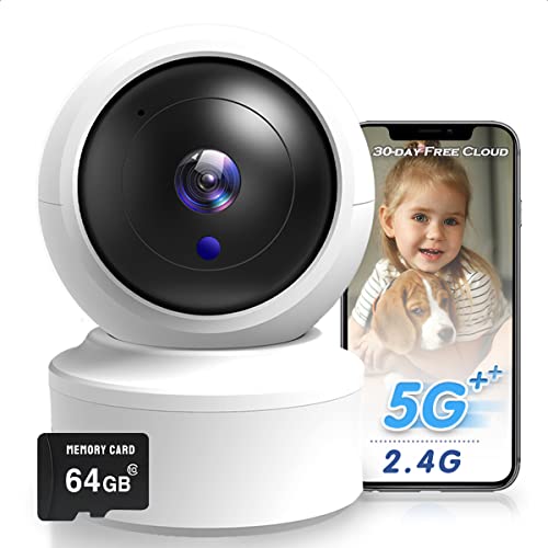 Indoor Security Camera, 2K HD Pan/Tilt Wireless Pet Camera for Baby Monitor, 5G & 2.4G WiFi Home Security Camera for Dog/Nanny, Night Vision, Siren, Compatible with Alexa (64G SD Card)